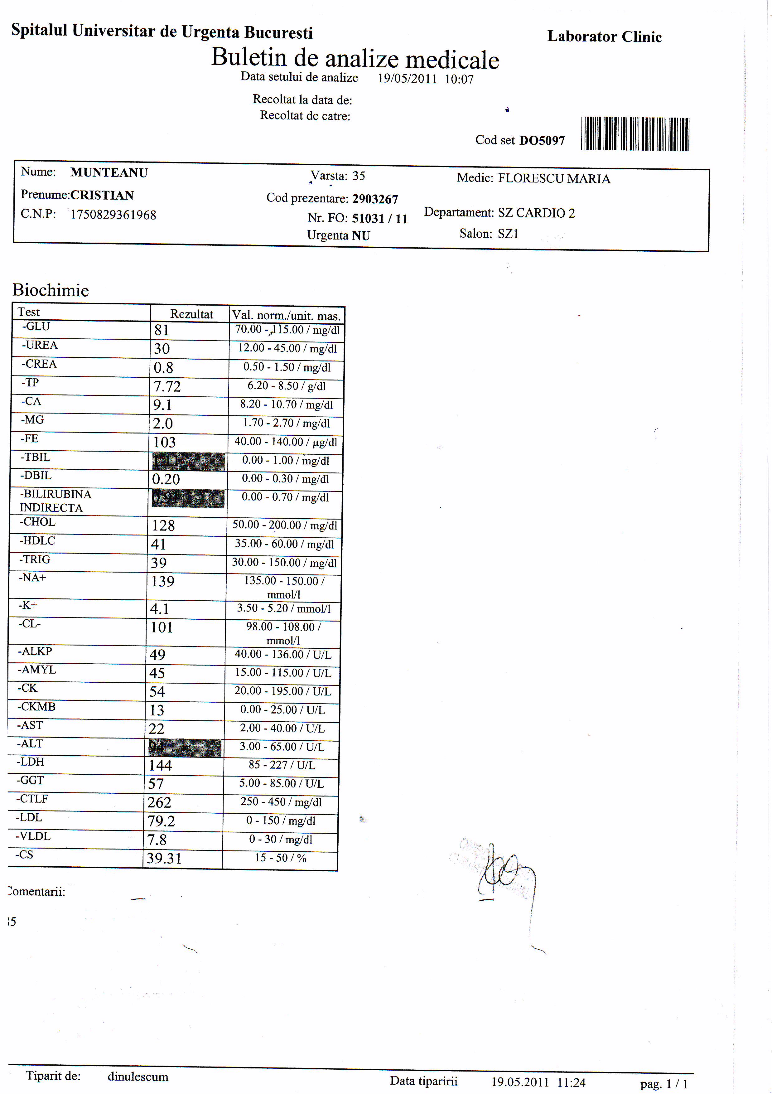 Buletin de analize medicale S.U.U.B . 19.05.2011 (Biochimie,Coagulare ...