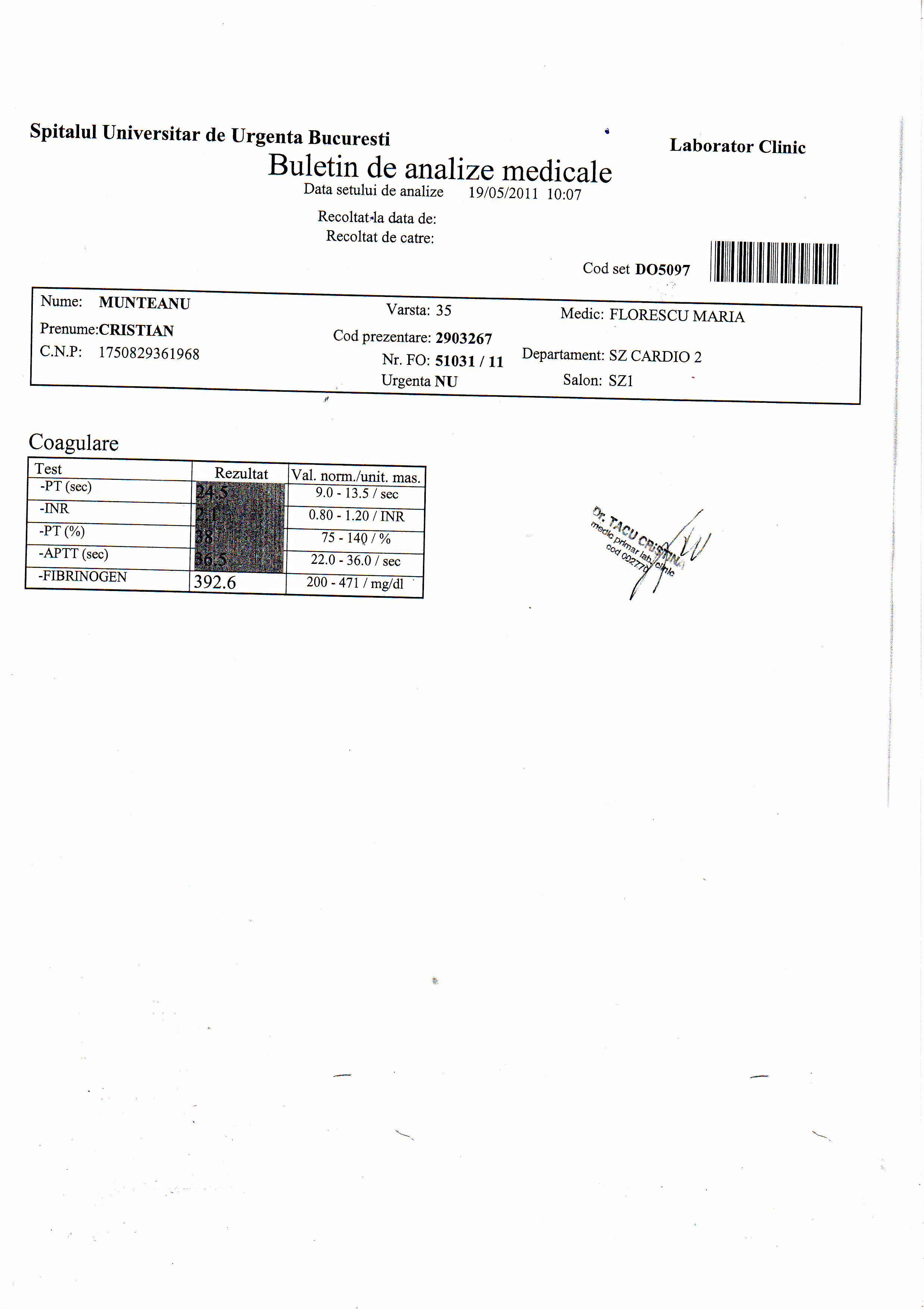 Buletin de analize medicale S.U.U.B . 19.05.2011 (Biochimie,Coagulare ...